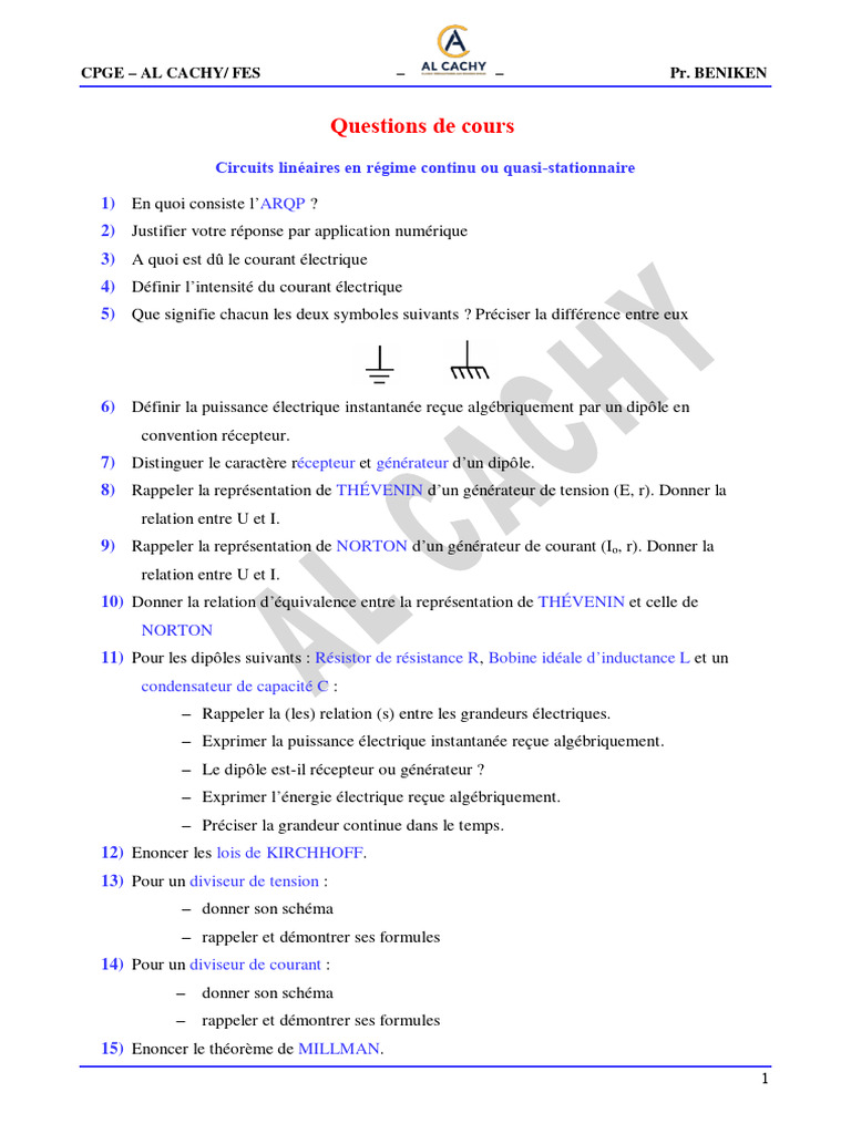 QCM Circuits Linéaires en Régime Continu Ou Quasi-Stationnaire | PDF