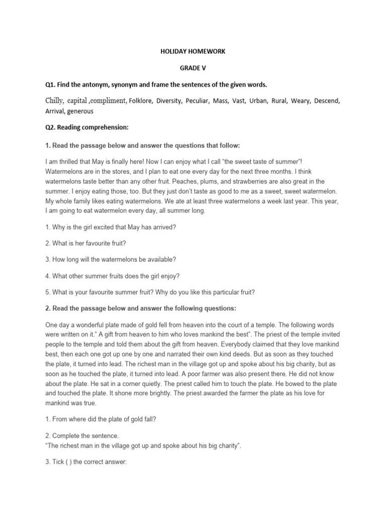 1714120615767.holiday Homework Grade 5a | PDF