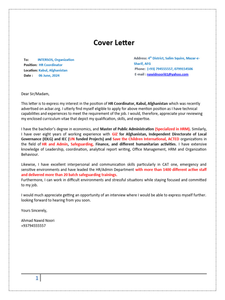Ahmad Nawid Noori's CV and Cover Letter HR Coordinator | PDF | Human ...