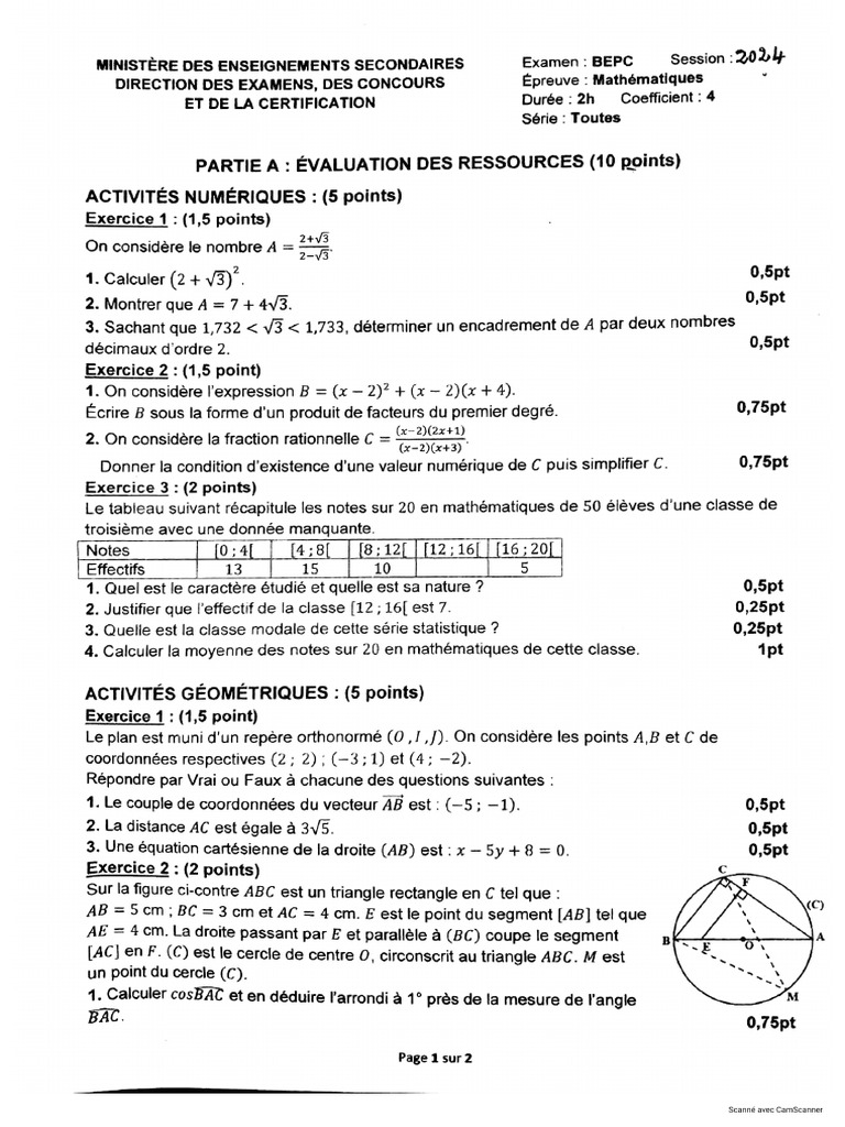 Bepc Maths 2024 Cameroun | PDF