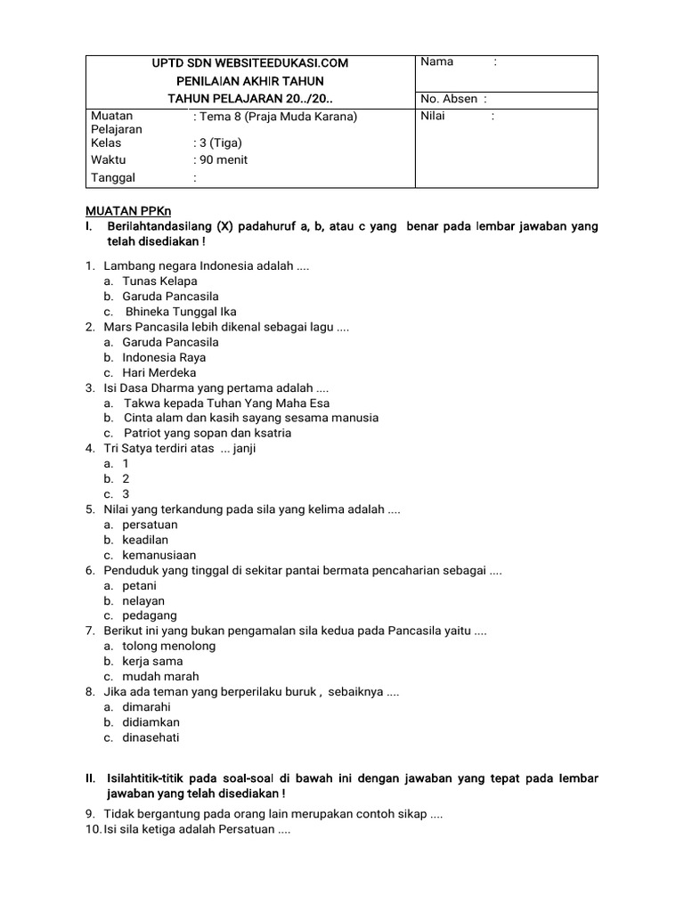 SOAL PAT KELAS 3 TEMA 8 | PDF