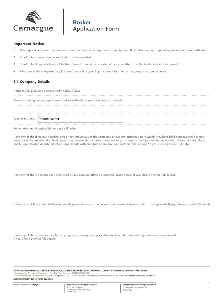 Camargue Broker Application Form 2021 | PDF | Insurance | Underwriting