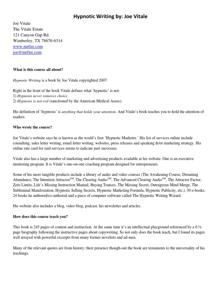 Joe Vitale - Hypnotic Writing | PDF | Hypnosis | Persuasion