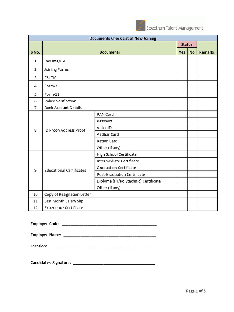 Joining Form Spectrum Talent MGMT | PDF | Identity Document