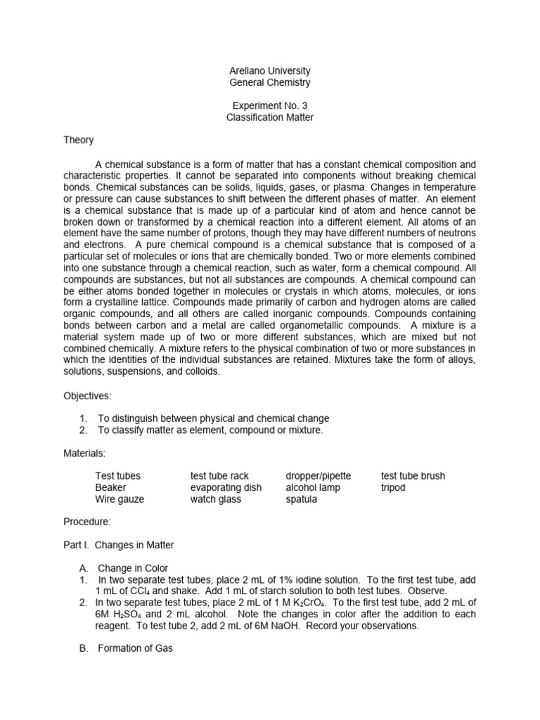 Classification of Matter Experiment | PDF | Chemistry | Chemical Substances