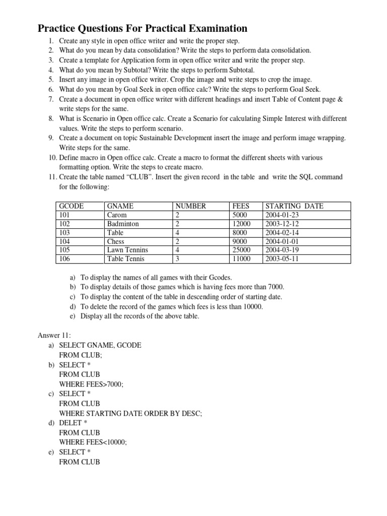 Practice Questions For Practical Examination FOR IT 2023-24 | PDF | Data Management Software ...