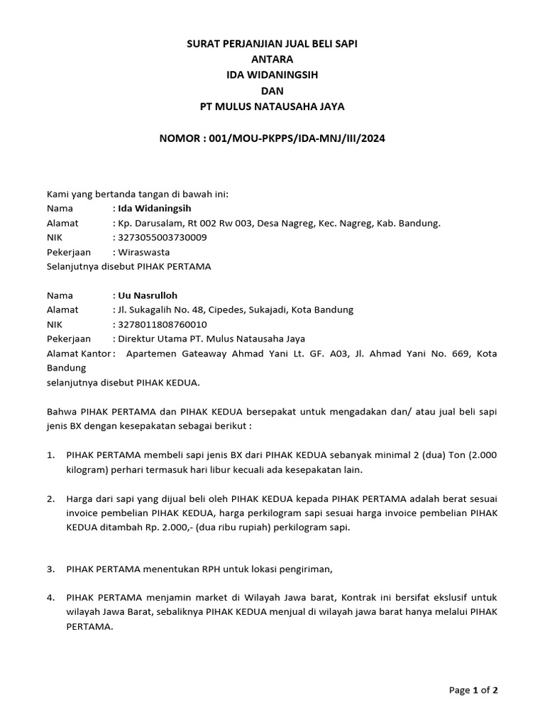 Perjanjian Jual Beli Sapi BX | PDF
