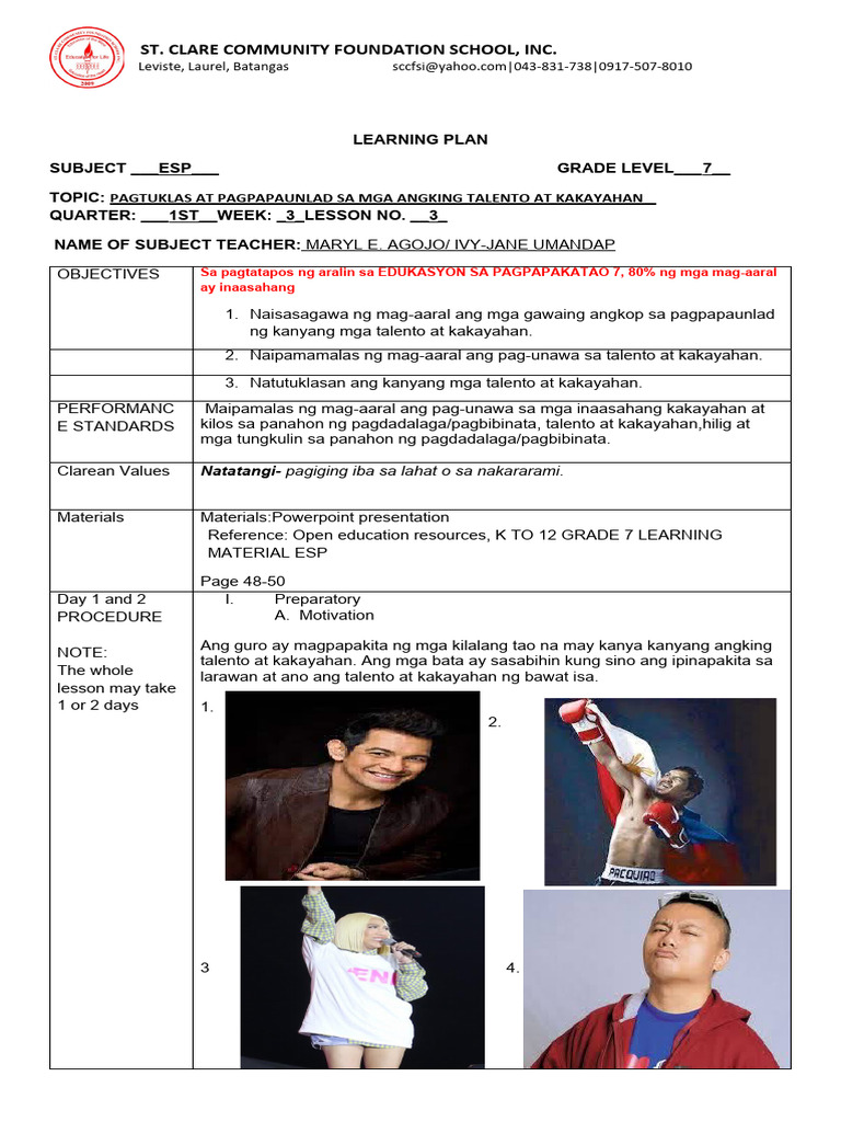 Learning Plan Esp 7 Lesson 3 | PDF