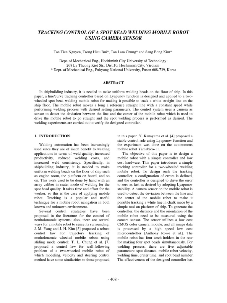 Tracking Control of A Spot Bead Welding Mobile Robot Using Camera Sensor | PDF | Kinematics ...