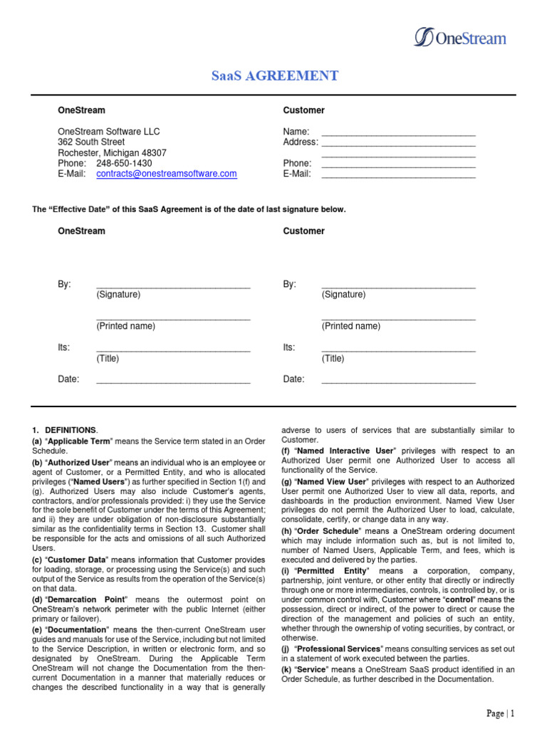 OneStream SaaS Agreement Overview | PDF | Trade Secret | Assignment (Law)