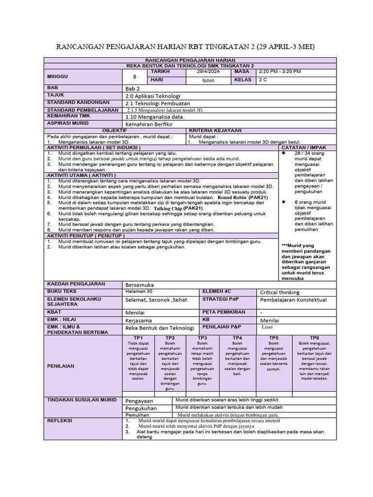 RPH RBT TINGKATAN 2 (29 APRIL - 3 MEI) | PDF