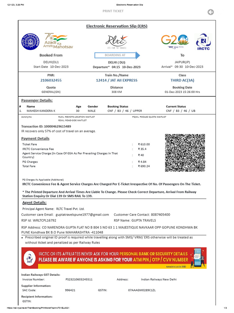 Electronic Reserva On Slip (ERS) : Booked From To | PDF | Identity Document