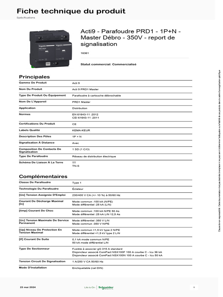Parafoudre Acti9 PRD1 - Spécifications | PDF | Électronique | Biens ...