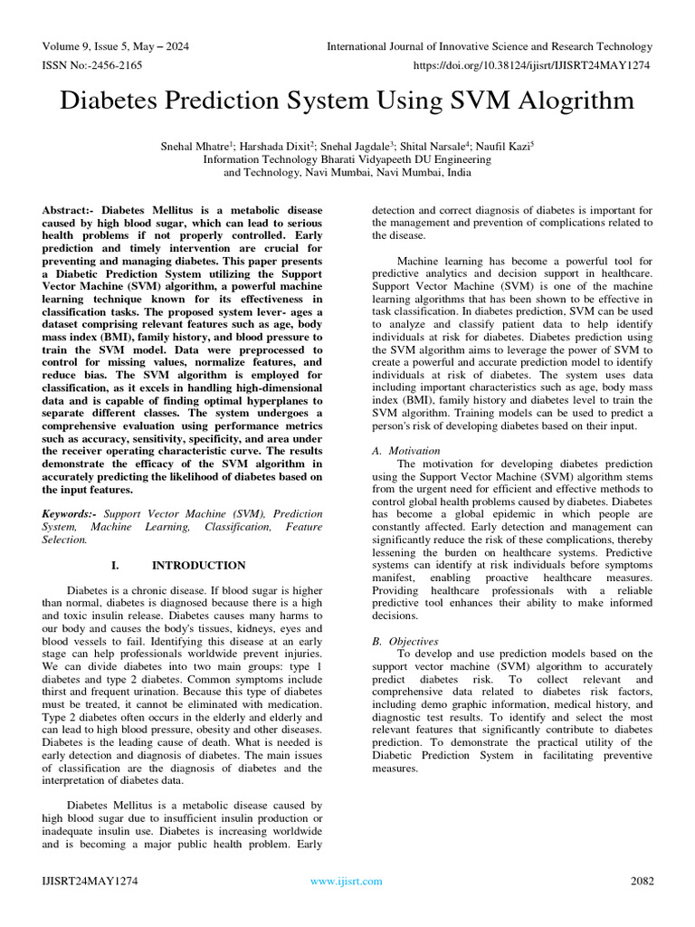 Diabetes Prediction System Using SVM Alogrithm | PDF | Support Vector ...