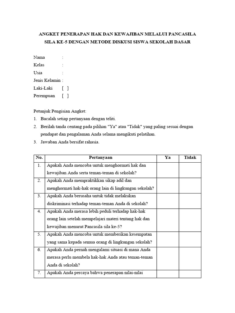 Angket Penerapan Hak Dan Kewajiban Melalui Pancasila Sila Ke 5 | PDF