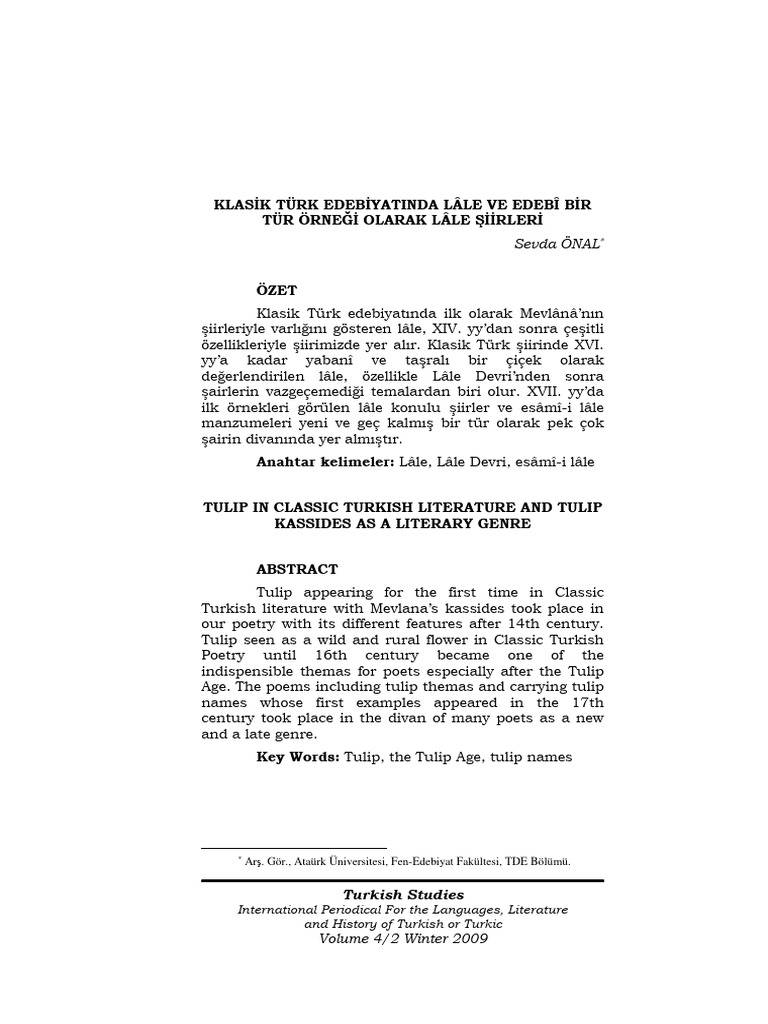 Klasi̇k Türk Edebi̇yatinda Lâle Ve Edebî Bi̇r Tür Örneği̇ Olarak Lâle Şi̇i̇rleri̇ | PDF