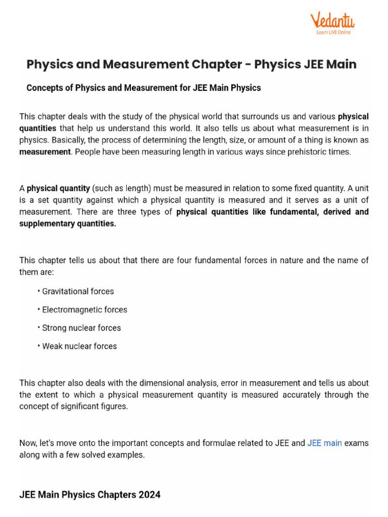 Physics and Measurement Chapter - Physics JEE Main | PDF