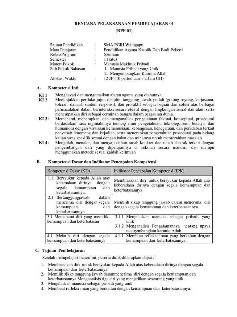 RPP 1 Aku Pribadi Yang Unik (4 X Pertemuan) | PDF | Karier & Perkembangan