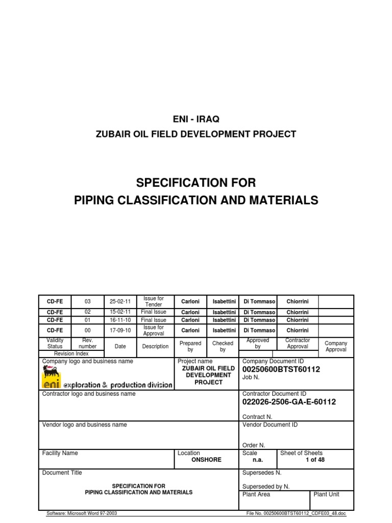 Piping Specification for Zubair Project | PDF | Pipe (Fluid Conveyance ...