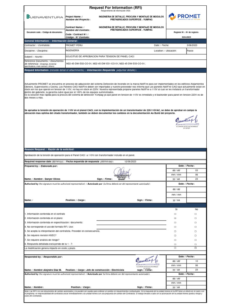 RFI N°024 Solicitud de Tension de Panel CACI (1) | PDF