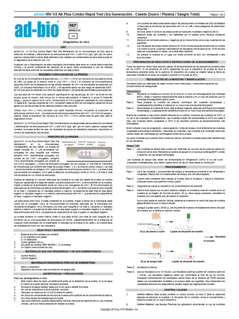 Prueba Rápida Ad-Bio VIH 1/2 Ab Combo | PDF | VIH | VIH / SIDA