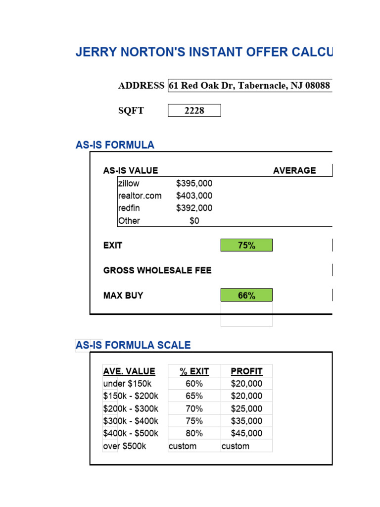 Instant Offer Calculator 022223+ | PDF | Prices | Renovation