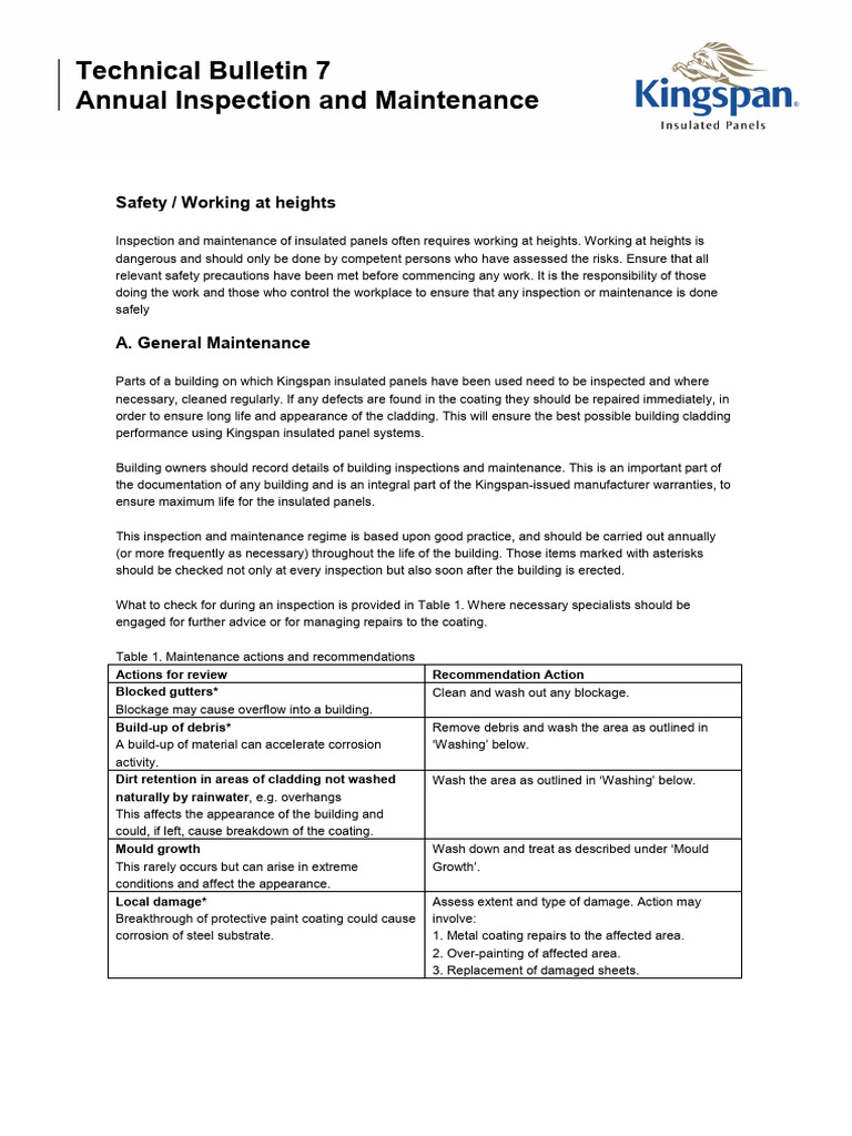 Kingspan Technical Bulletin 7 2017 Annual Inspection and Maintenance ...