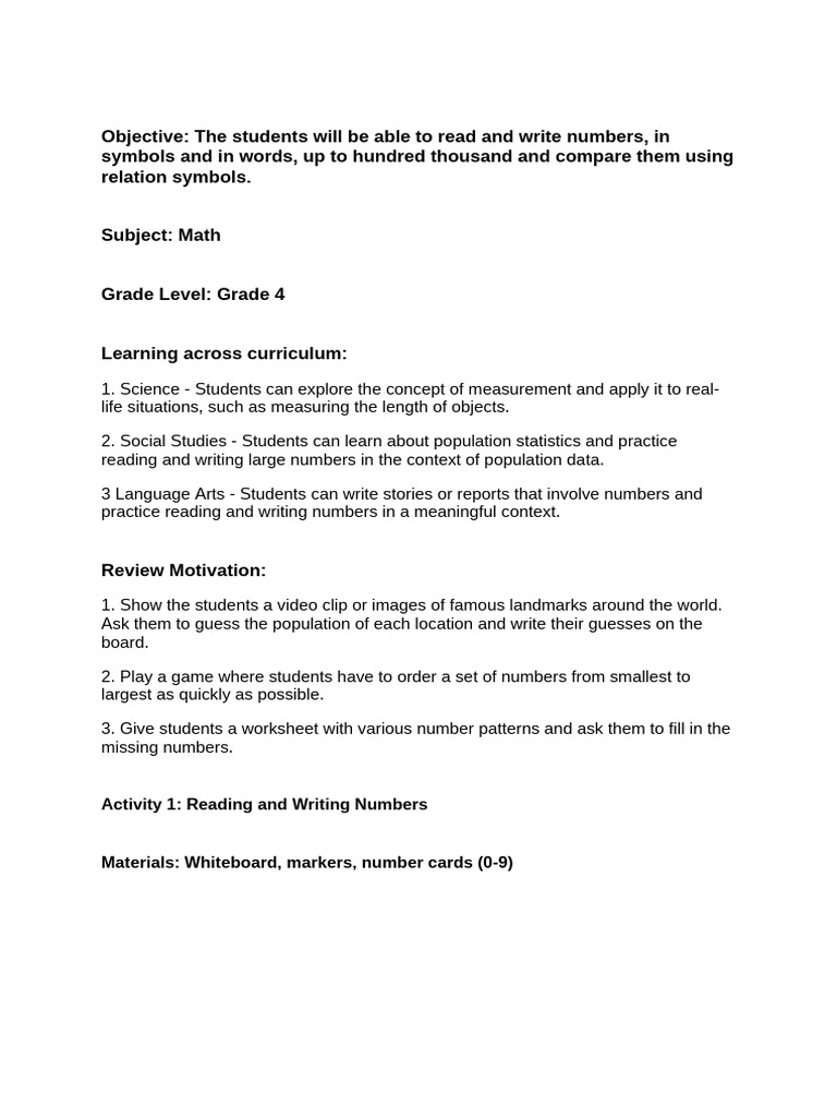 Lesson - Plan On Read and Write Numbers, in Symbols and in Words, Up To ...