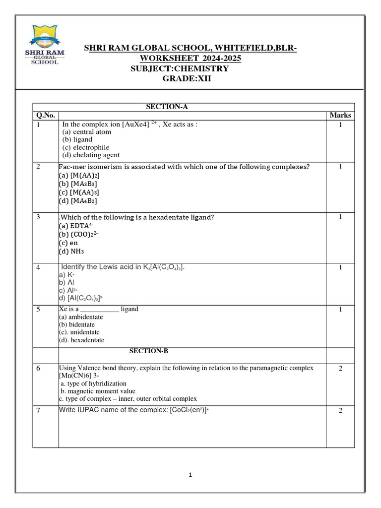 WORKSHEET COORDINATION COMPOUNDS | PDF | Coordination Complex | Ligand