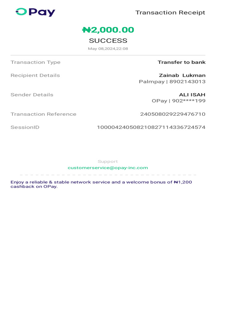 Successful ₦2,000 Bank Transfer Receipt | PDF