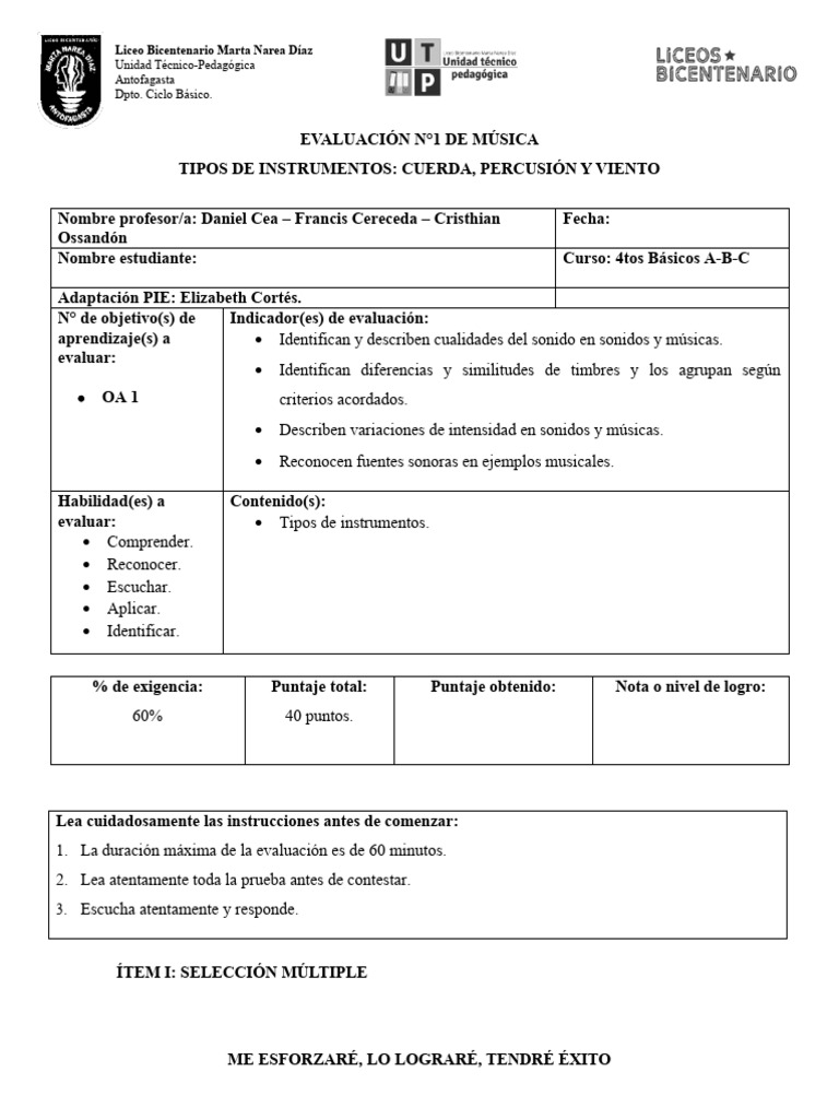 EEVALUACIÓN N°1 DE MÚSICA TIPOS DE INSTRUMENTOS- CUERDA, PERCUSIÓN Y ...