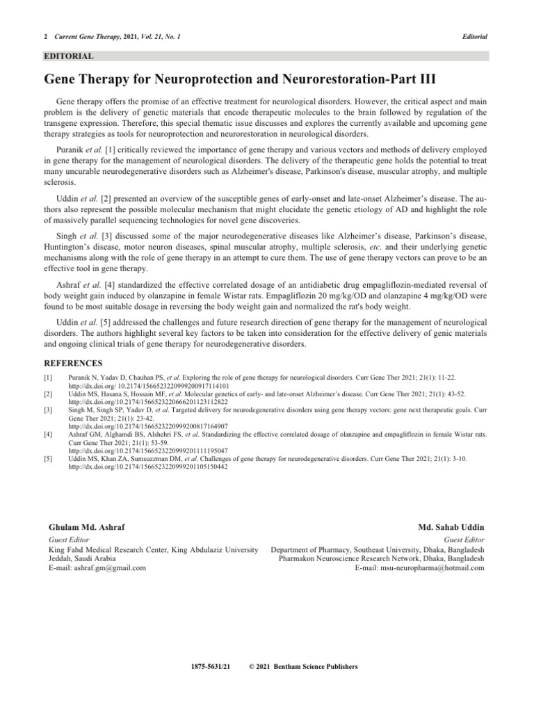 Editorial-Gene Therapy For Neuroprotection and Neurorestoration (Part ...