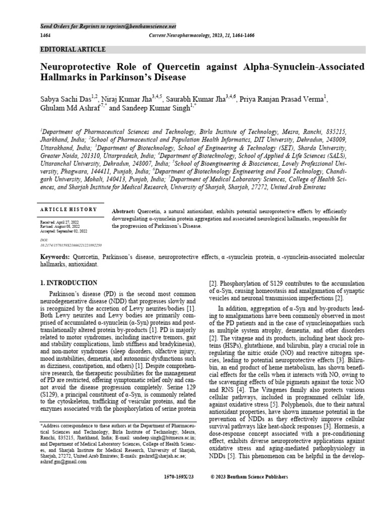 Editorial-Neuroprotective Role of Quercetin Against Alpha-Synuclein-Associated Hallmarks in ...