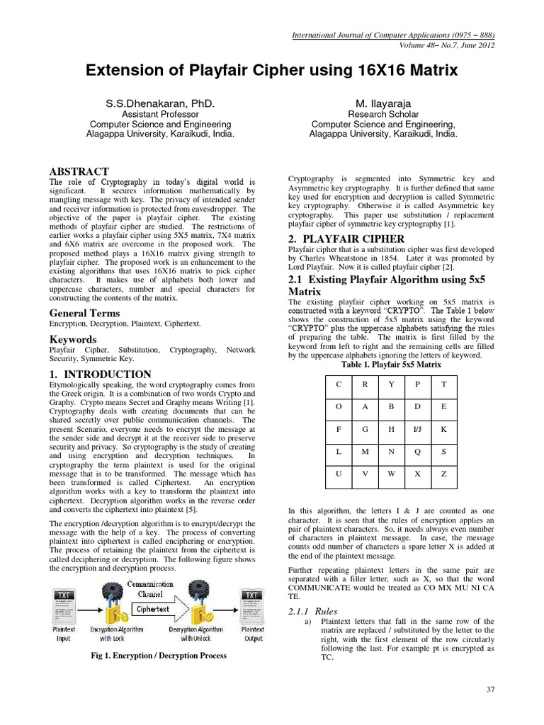 Extension of Playfair Cipher Using 16X16 | PDF | Cryptography | Encryption