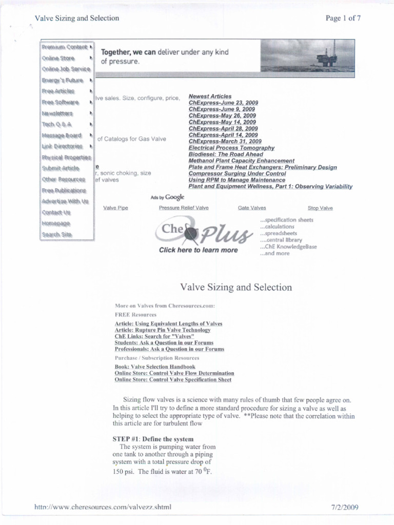 Valve Sizing and Selection | PDF