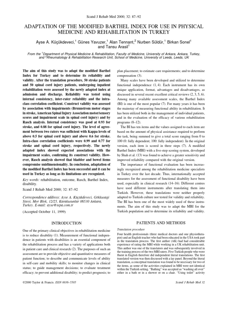 Adaptation of The Modified Barthel Index For Use in Physical Medicine ...
