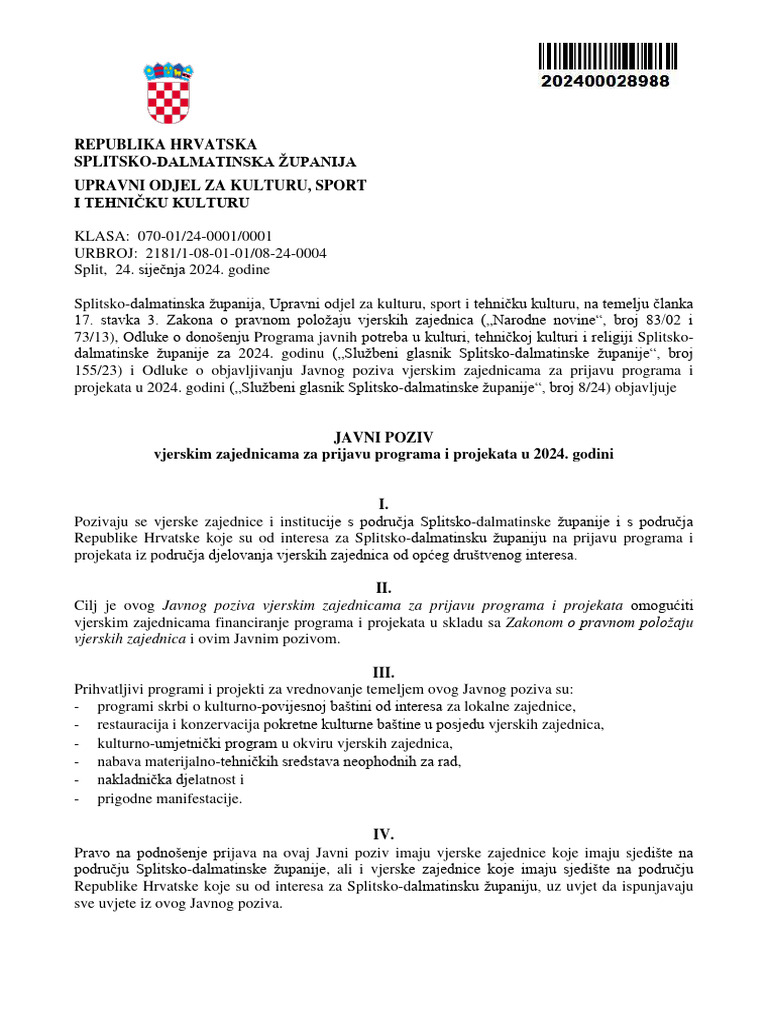 Tekst Javnog Poziva Vjerskim Zajednicama Za Prijavu Programa I Projekata U 2024. Godini | PDF