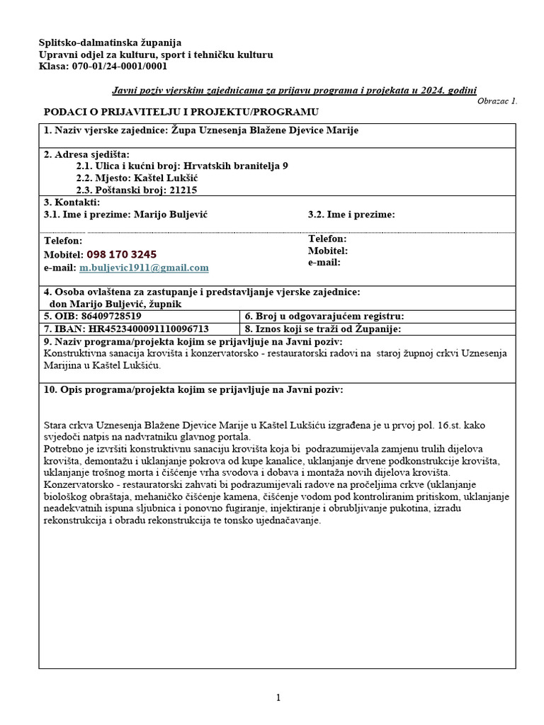 Obrazac 1. Podaci o Prijavitelju I Projektu - Vjerske Zajednice - 2024. Godina | PDF