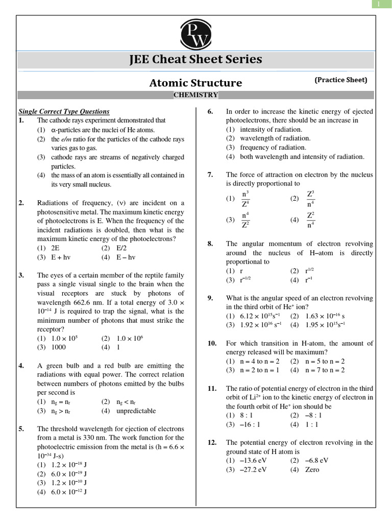 Atomic Structure - Practice Sheet | PDF | Electron | Metrology