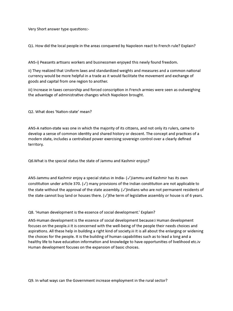 Very Short Answer Type Questions | PDF | German Empire | Otto Von Bismarck