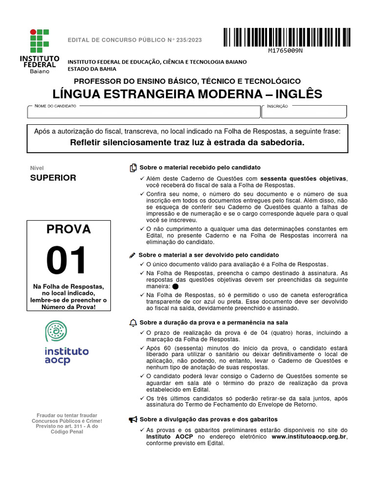 CADERNO DE PROVA IFBAIANO 2024 | PDF