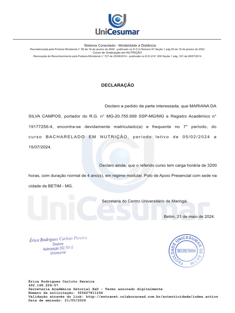 Declaração Unicesumar | PDF | Ensino Superior | Estágios educacionais Declaração Unicesumar | PDF | Ensino Superior | Estágios educacionais