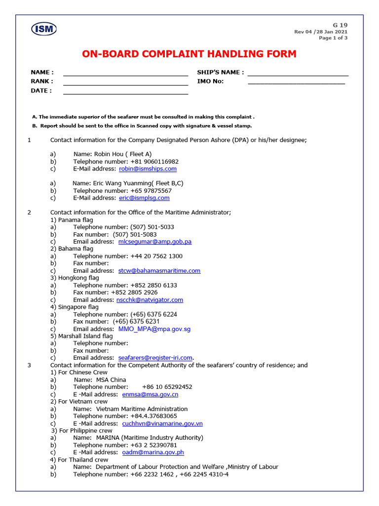 G19 - On-Board Complaint Handling Form-Ver04 | PDF | Complaint | Water ...