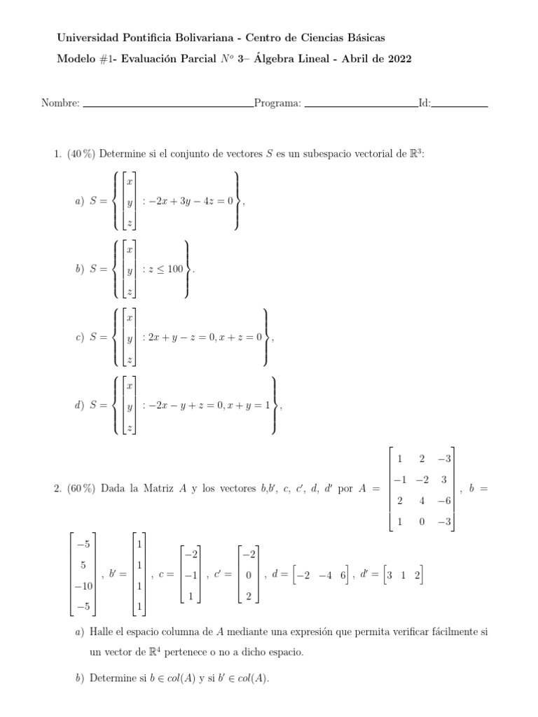 Modelo #1- Evaluación Parcial #3-Algebra Lineal -I-2022-UPB | Descargar gratis PDF | Espacio ...