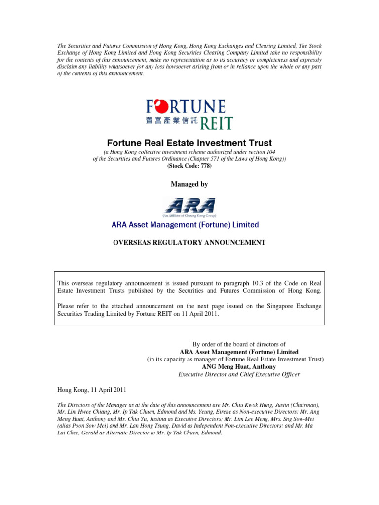Fortune Real Estate Investment Trust: ARA Asset Management (Fortune ...