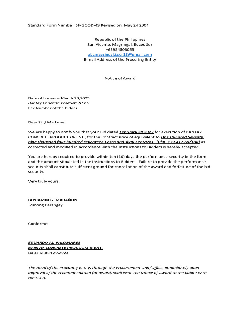 Notice of Award for Bantay Concrete Products | PDF