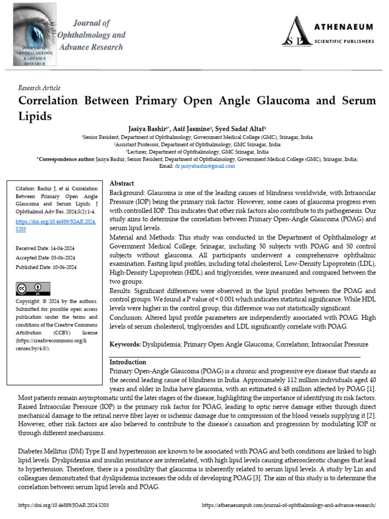Correlation Between Primary Open Angle Glaucoma and Serum Lipids | Download Free PDF | Low ...