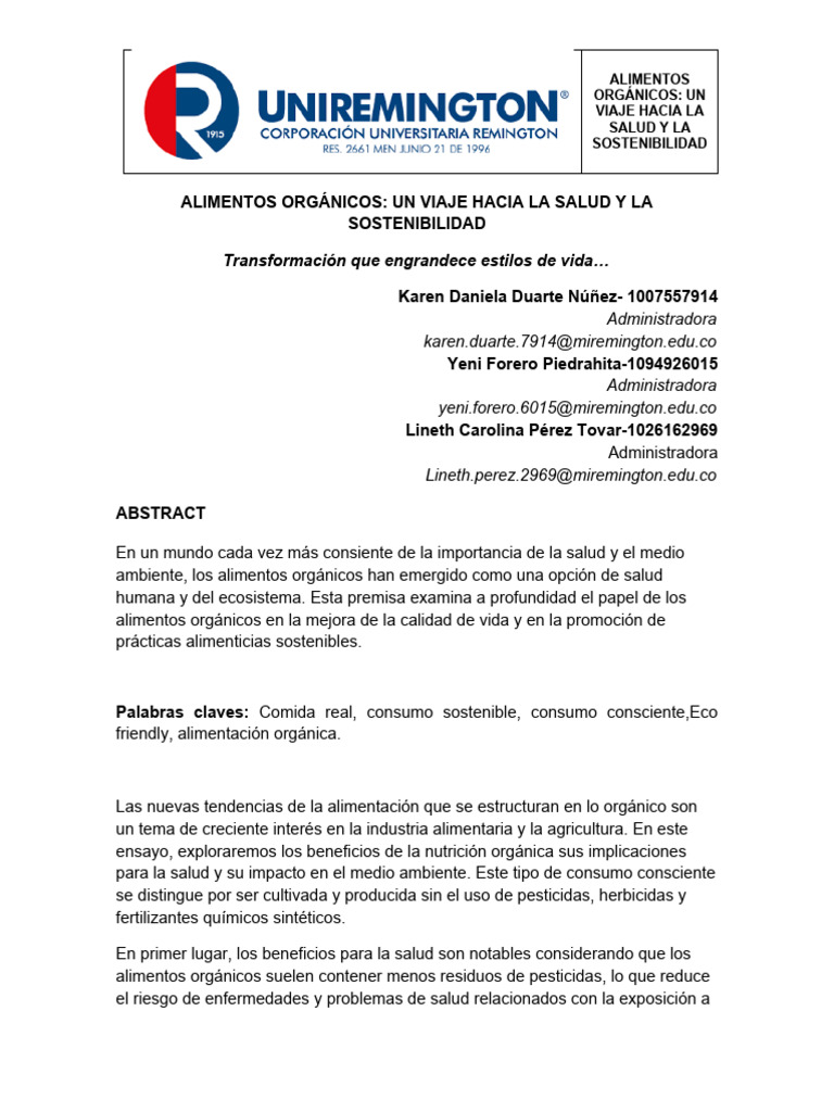 Plantilla Ensayo Apa Uniremington | PDF | Comidas orgánicas | Alimentos