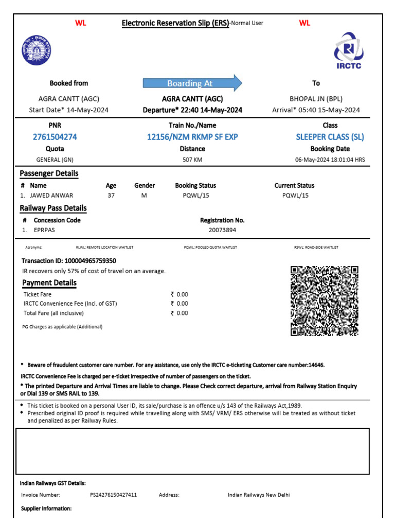 12156/Nzm RKMP SF Exp Sleeper Class (SL) : WL WL | PDF | Identity Document