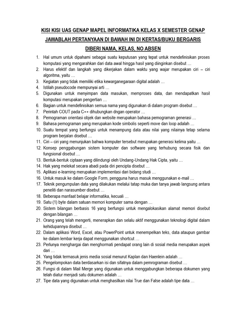 Kisi Kisi Uas Genap Mapel Informatika Kelas X Semester Genap | PDF | Teknologi & Rekayasa
